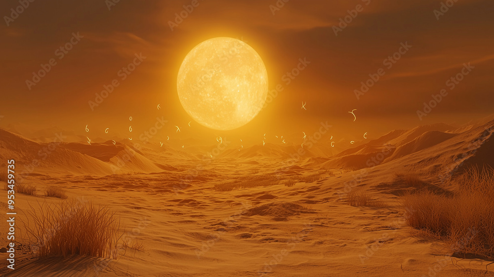 massive full moon rises over a desolate desert landscape, casting an ...