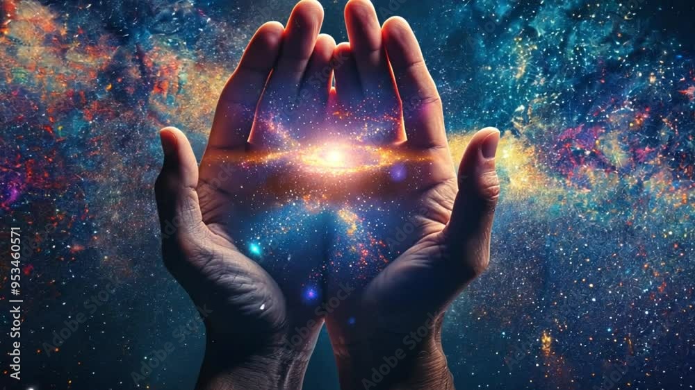 Praying hands in universe galaxy. Praying with his hand raised. Hands ...