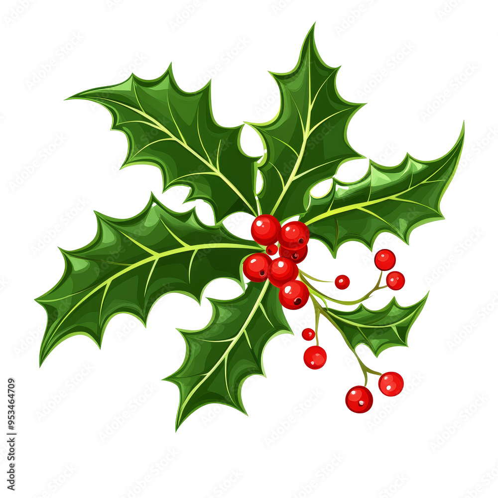 Lush green holly leaves adorned with bright red berries embody the ...