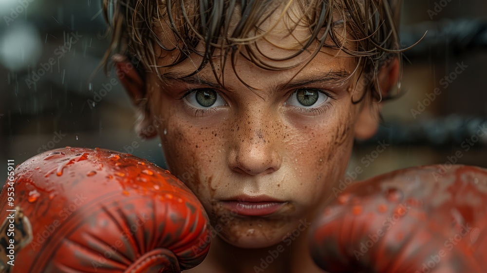 The camera finds a purposeful stare in a young boxer wearing boxing ...