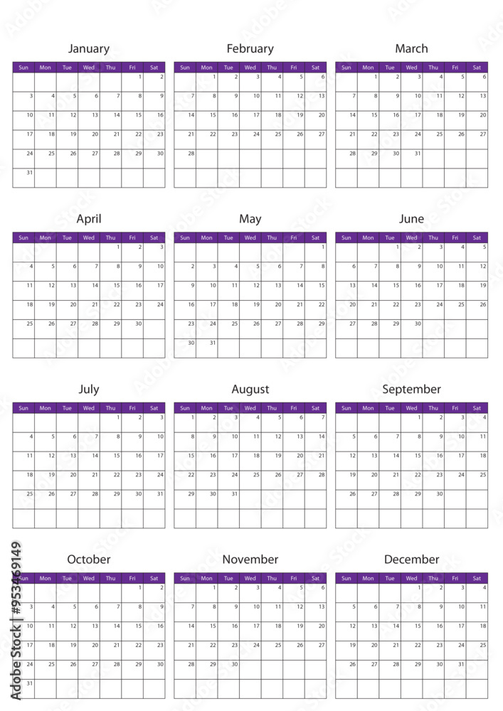 2027 Calendar Template. Vector calendar. Week starts sunday. Calendar ...
