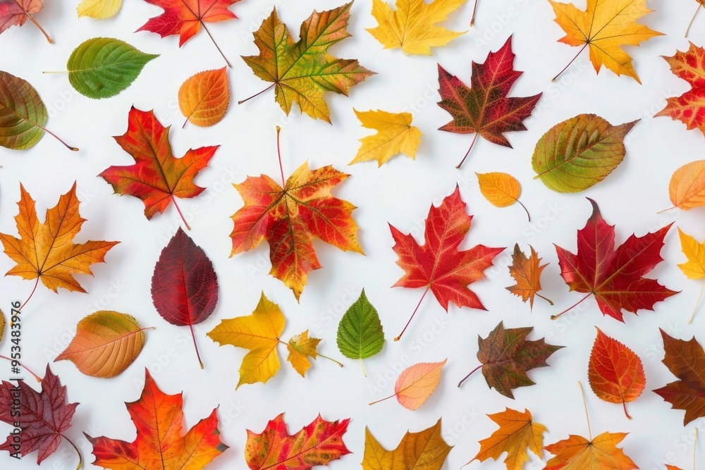 Seamless pattern with colourful autumn oak, maple leaves on white ...