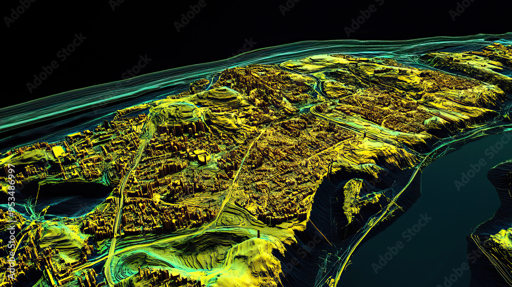 Technical aerial visual, 3D LiDAR GIS aerial map satellite scan model ...