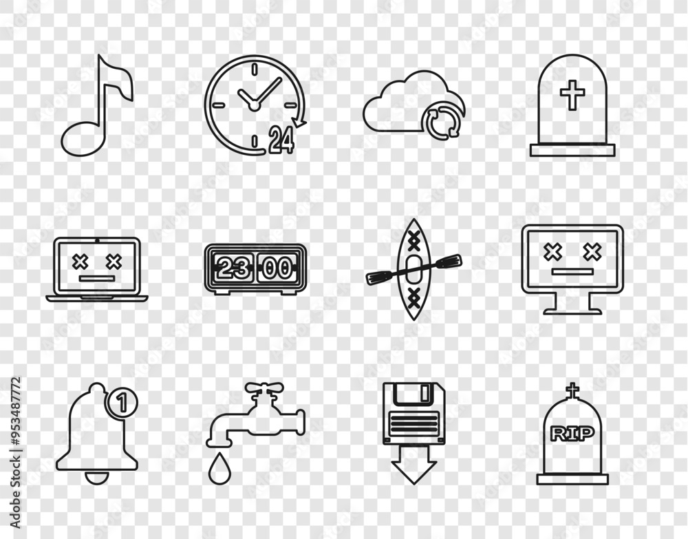 Set line Bell, Tombstone with RIP written, Cloud sync refresh, Water tap, Music note,, Retro ...