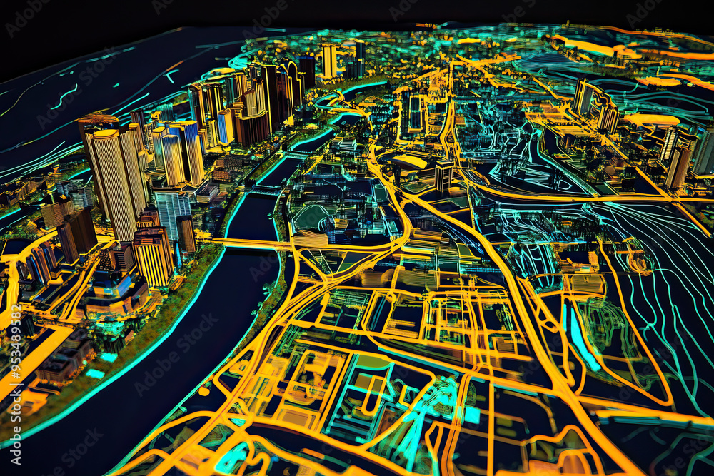 Technical aerial visual, 3D LiDAR GIS aerial map satellite scan model ...