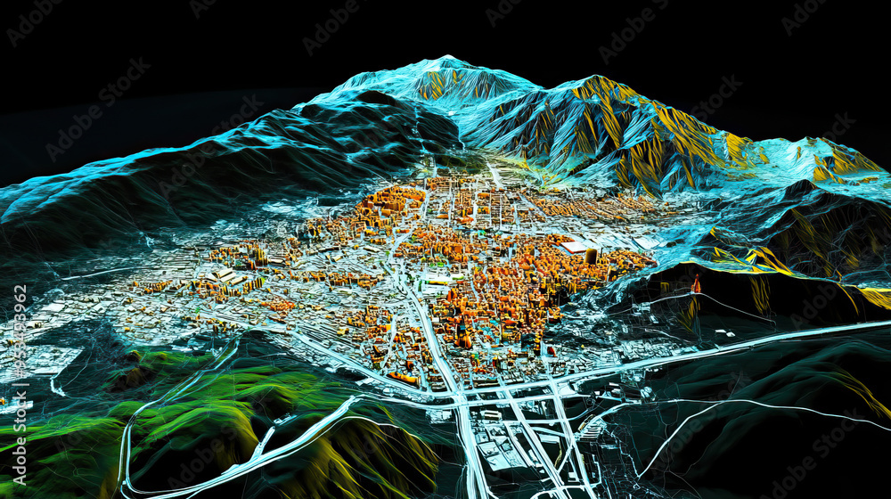 Technical aerial visual, 3D LiDAR GIS aerial map satellite scan model ...