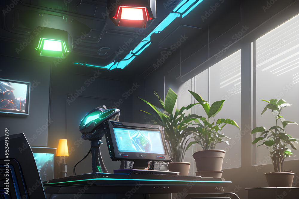 A high-tech laboratory featuring a robotic arm, potted plants, and ...