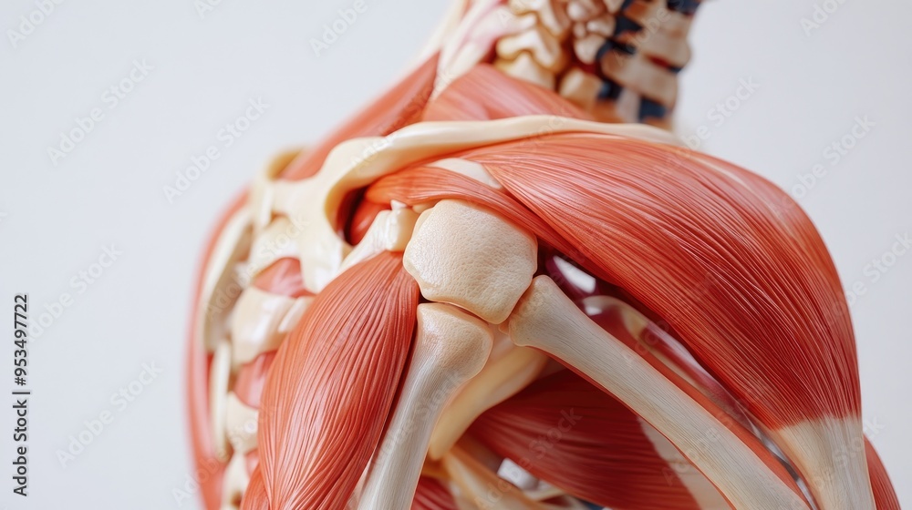 Detailed shoulder joint anatomy highlighting bones and muscles, with a ...