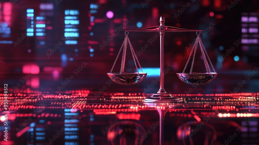 Digital balance scales on a reflective surface, with dynamic data visualizations, symbolizing ...