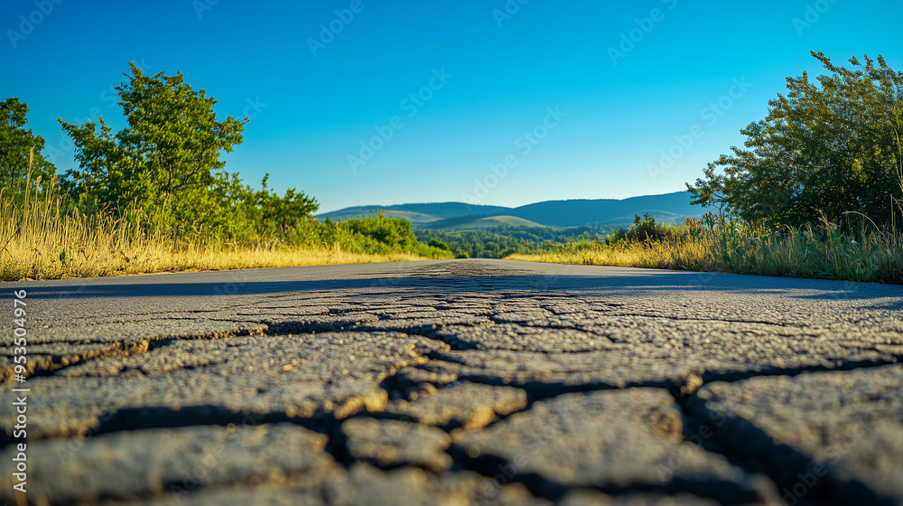 cracked summer road, cracked and dusty asphalt surface, dry grass ...