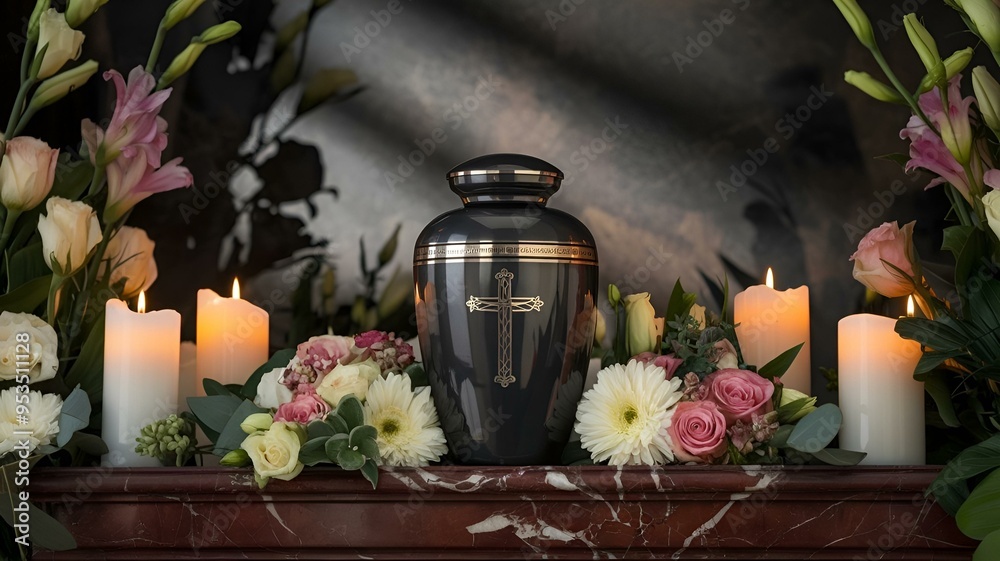 Elegant urn surrounded by fresh flowers and candlelight in a church ...
