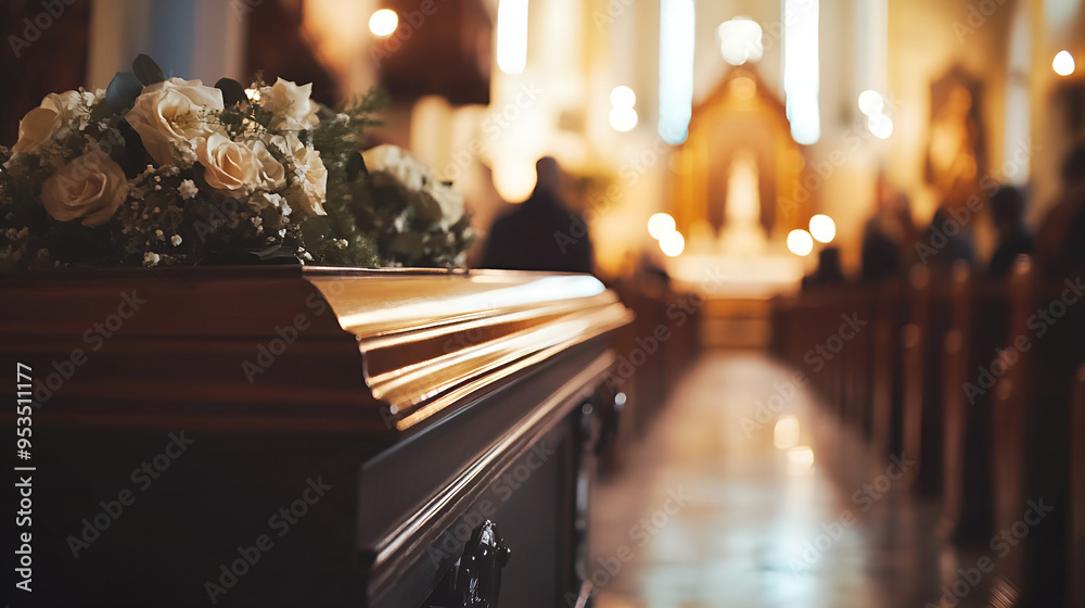 Funeral procession inside a church, focusing on the casket with a ...