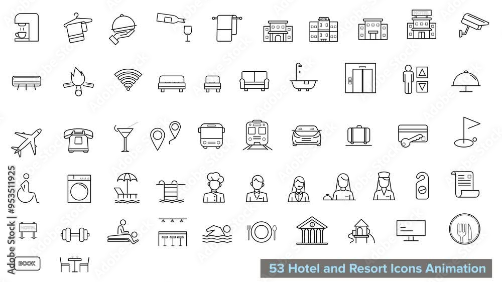 Hotel and Resort Icons Animation, Hotel line animation library ...