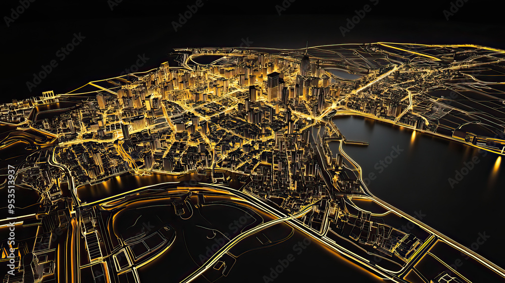 Technical aerial visual, 3D LiDAR GIS aerial map satellite scan model ...