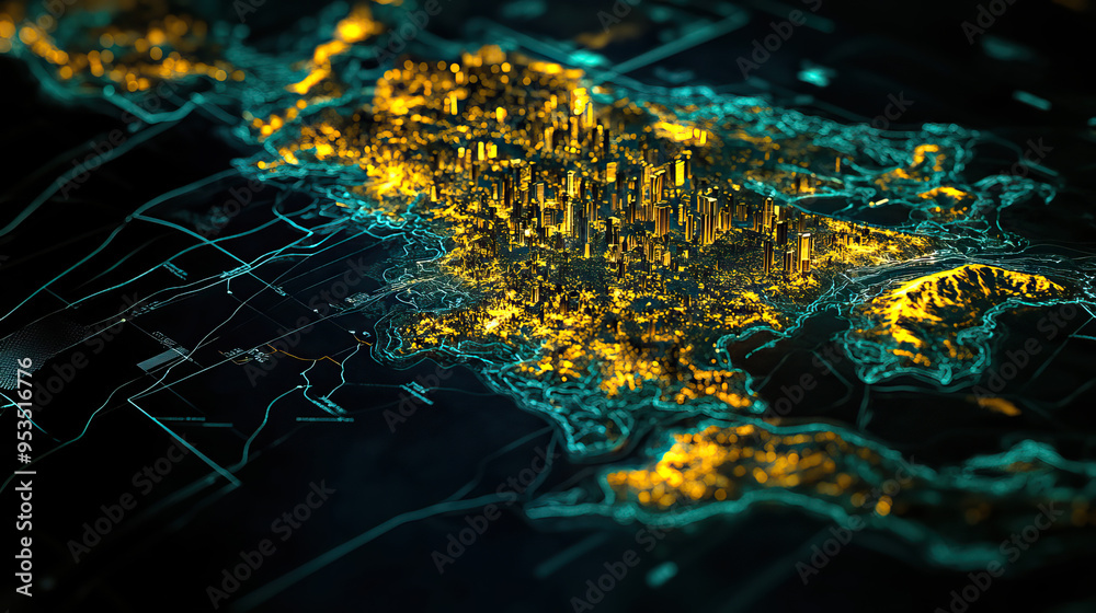 Technical aerial visual, 3D LiDAR GIS aerial map satellite scan model ...