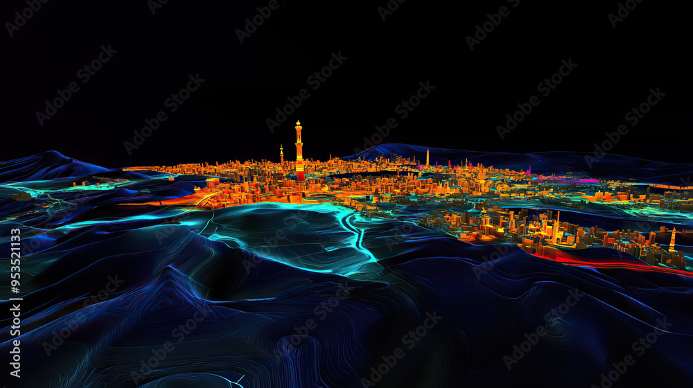 Technical aerial visual, 3D LiDAR GIS aerial map satellite scan model ...