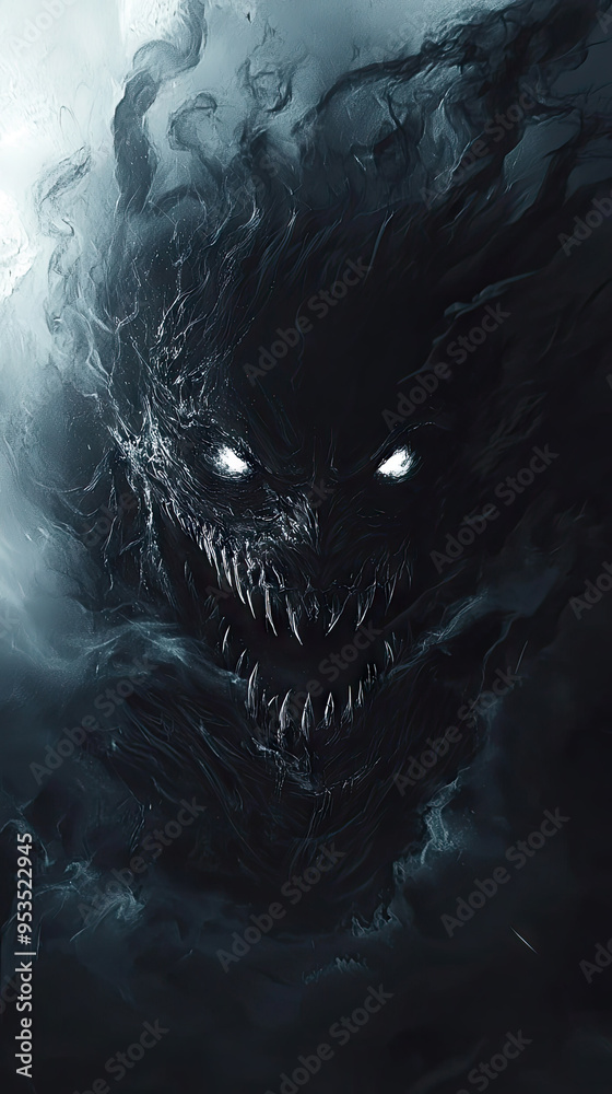 From the Depths of Darkness, a Demonic Face Emerges, Its Glowing Eyes ...