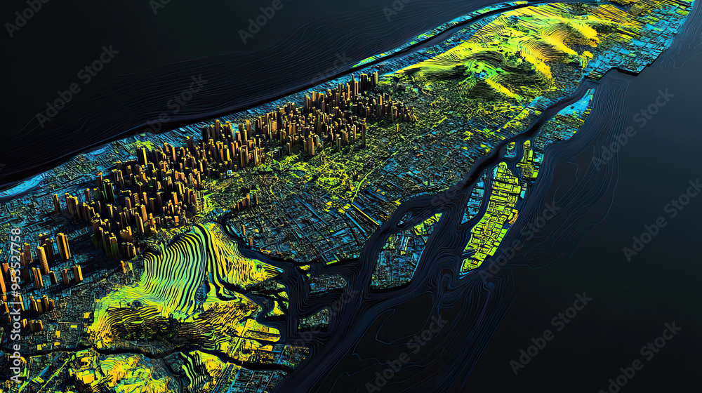 Technical aerial visual, 3D LiDAR GIS aerial map satellite scan model ...