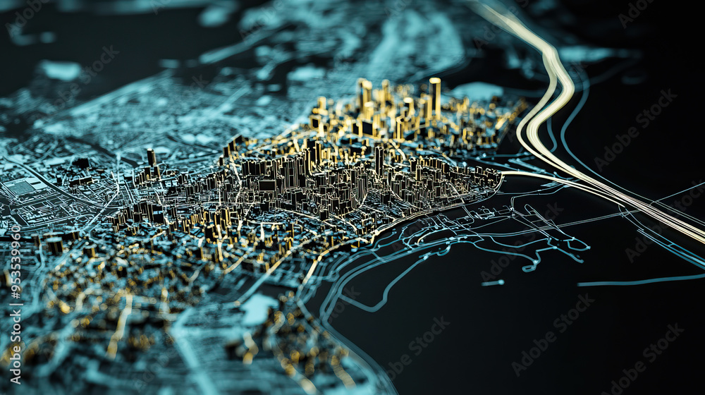 Technical aerial visual, 3D LiDAR GIS aerial map satellite scan model ...
