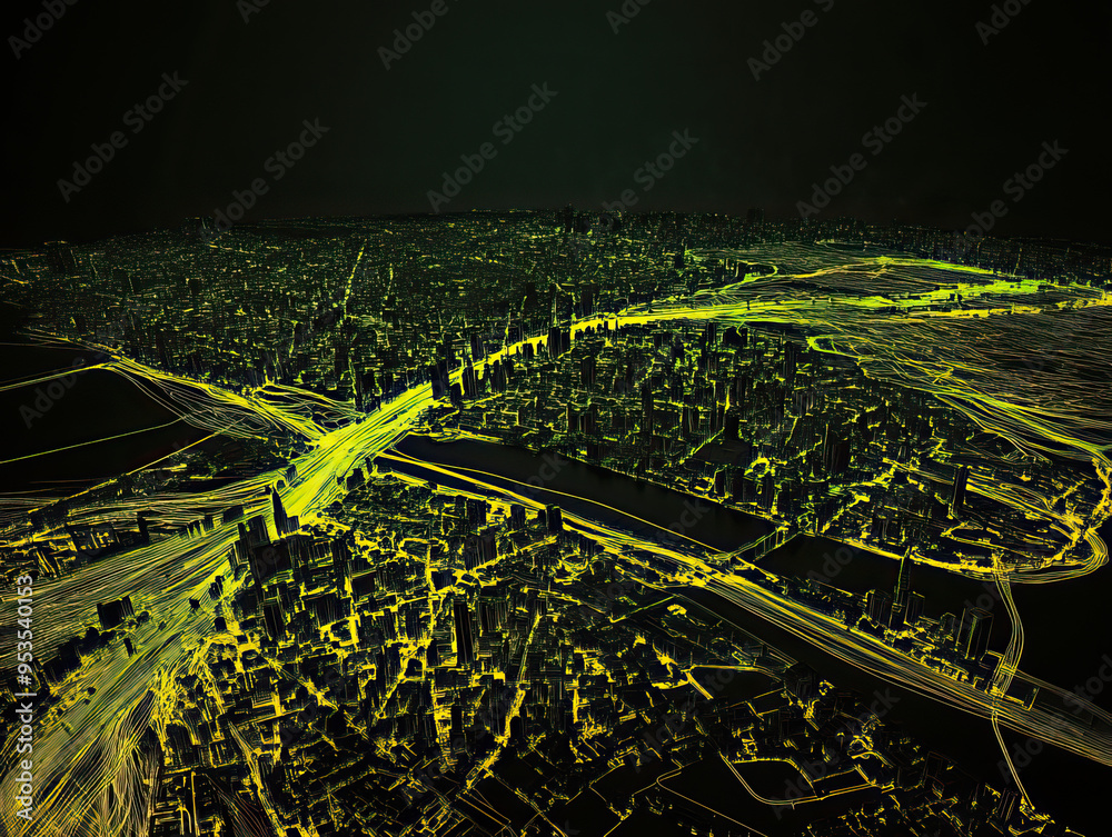 ภาพประกอบสต็อก Technical aerial visual, 3D LiDAR GIS aerial map ...