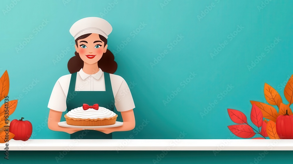 Retro diner waitress placing a Thanksgiving pie on a counter, with a ...