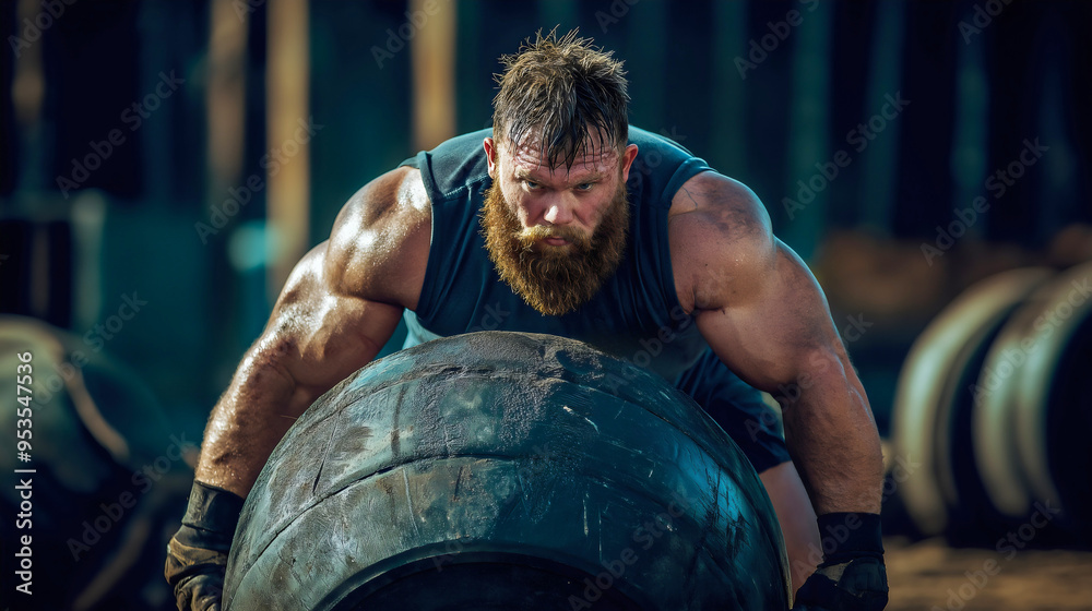 Strongman in a competition, a sport athlete and bodybuilder, lifting ...