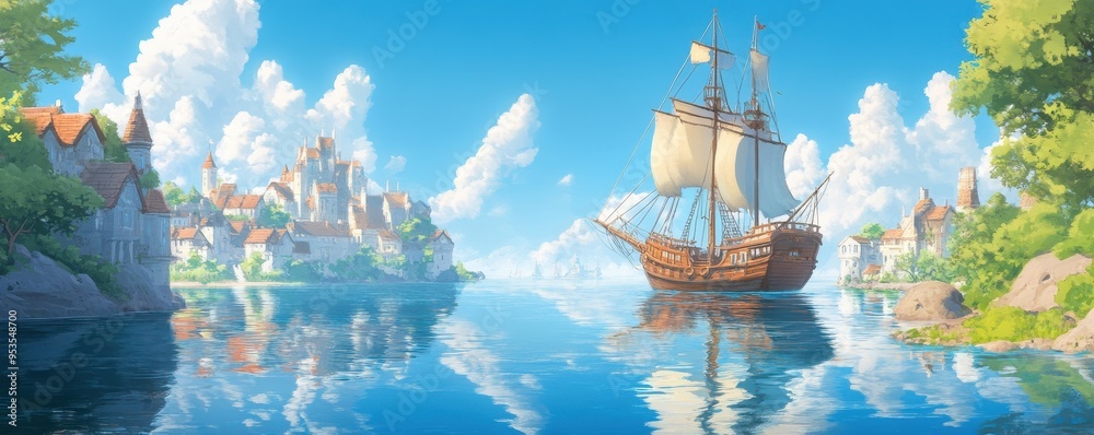 Beautiful animated seaside town with a majestic sailing ship reflecting ...