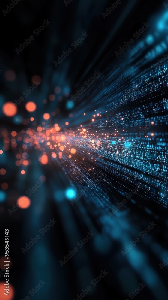 Abstract digital background with blue and orange binary code, representing data transfer and ...