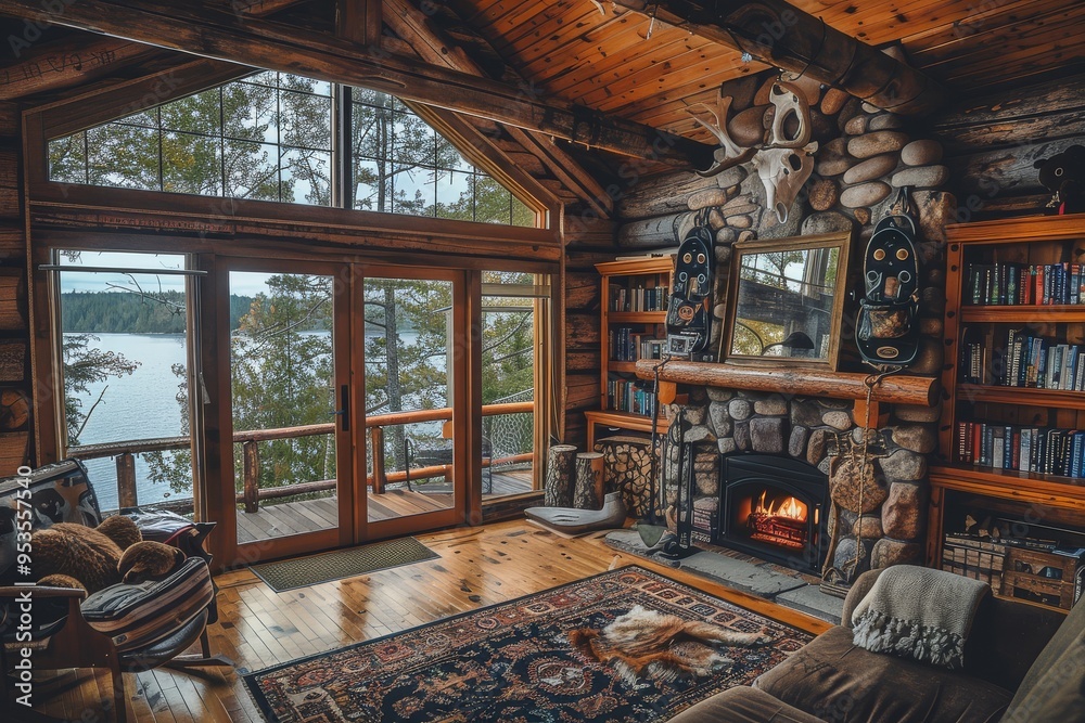 Rustic Log Cabin Interior with Stone Fireplace, Bookshelves, and Lake ...