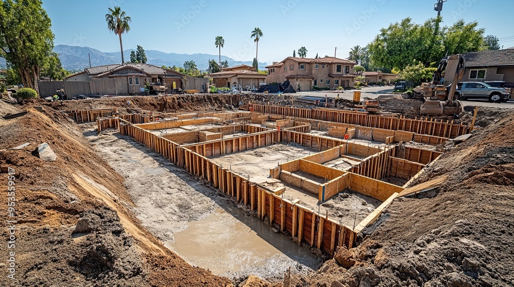 Construction site showing foundation footings and columns, with ...
