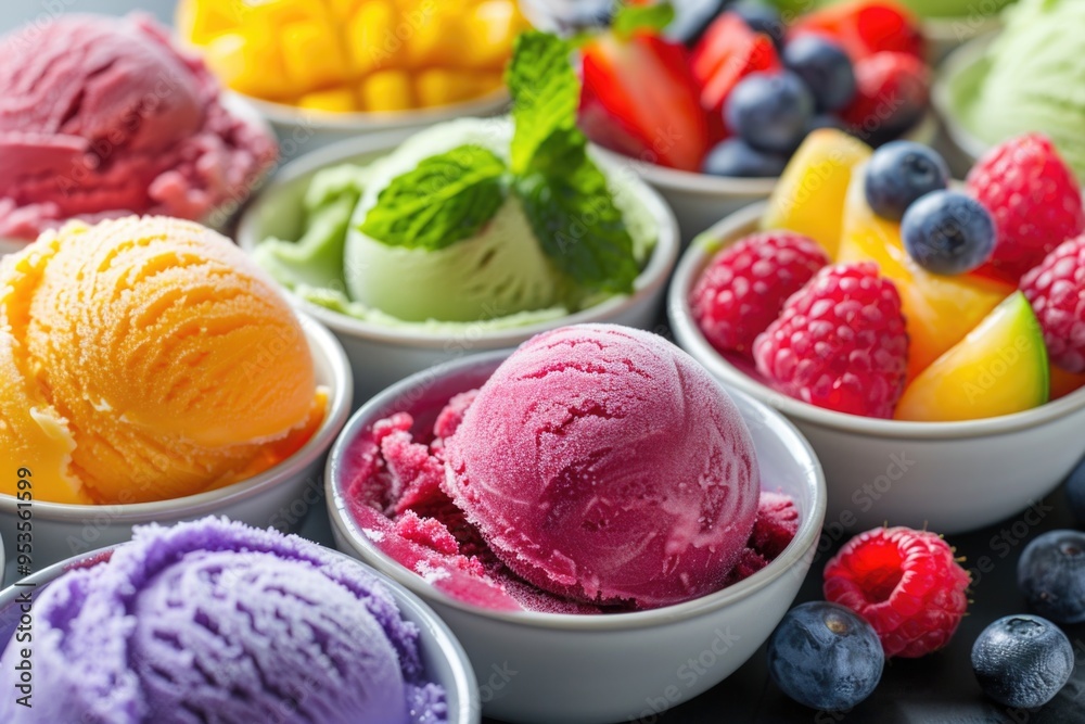 Assorted bowls filled with different types of creamy ice cream flavors ...