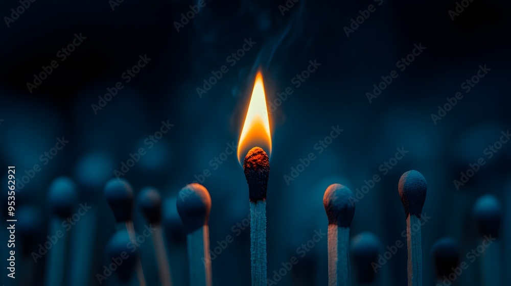 Single lit match among unlit matches, deep blue color tone, dramatic ...