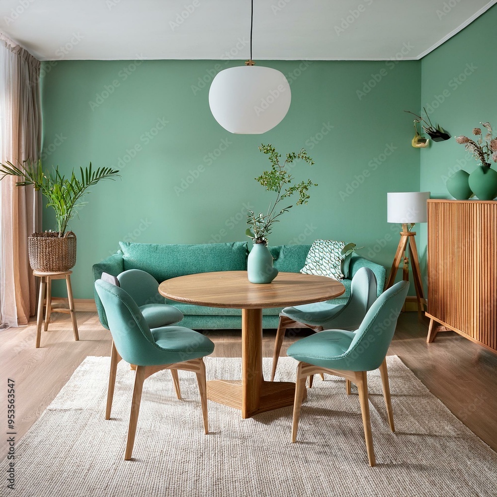 Mint color chairs at round wooden dining table in room with sofa and ...