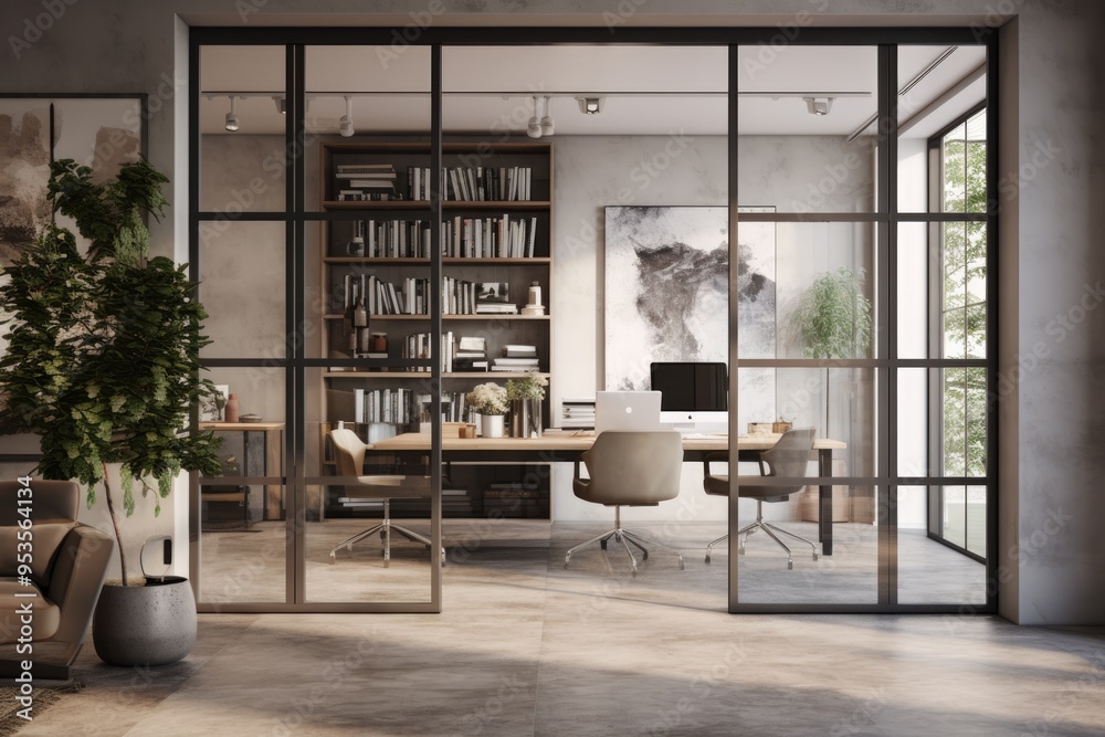 A modern sliding glass passage connects two stylish office spaces with ...