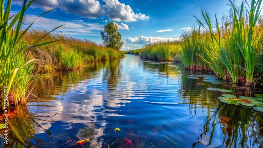 Wetlands restoration area with a close-up shot of a newly restored ...