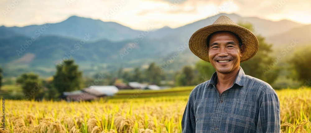 Asian rice farmer standing proudly in a field of mature rice with ...