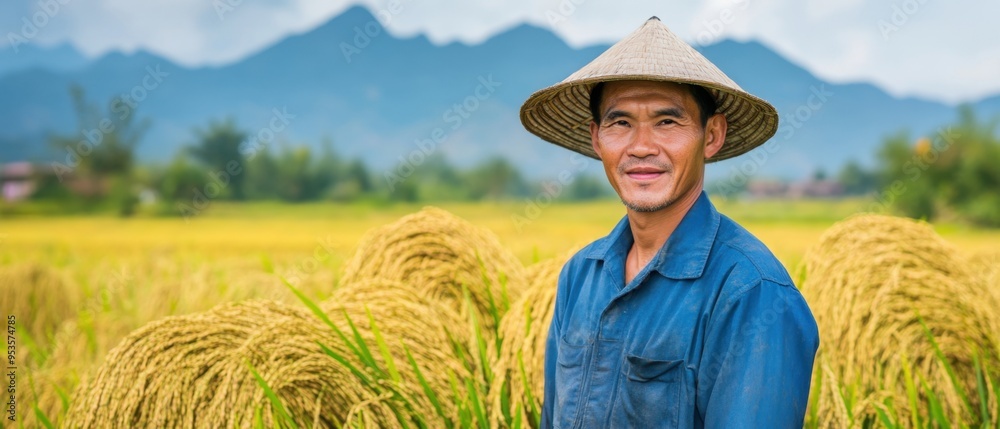 Asian rice farmer standing proudly in a field of mature rice with ...