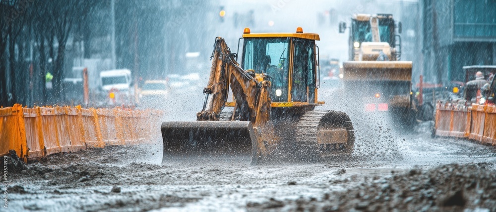 Heavy construction equipment operating in a downpour with visible rain ...