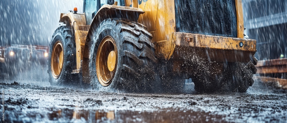 Heavy construction equipment operating in a downpour with visible rain ...