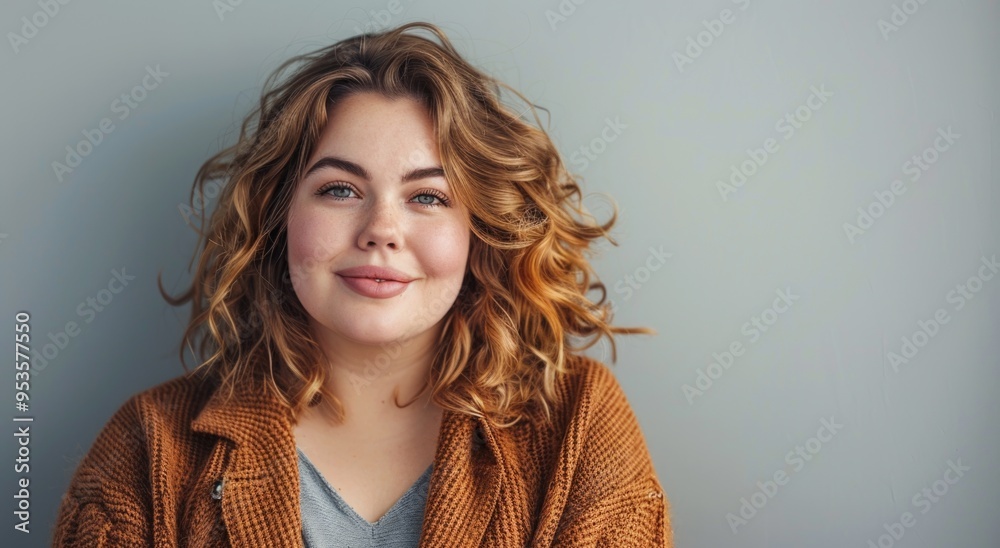 Beautiful happy plump woman model. Portrait on a studio background ...