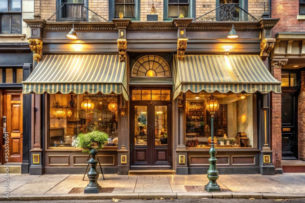 A classic and inviting storefront design features a warm-colored awning ...