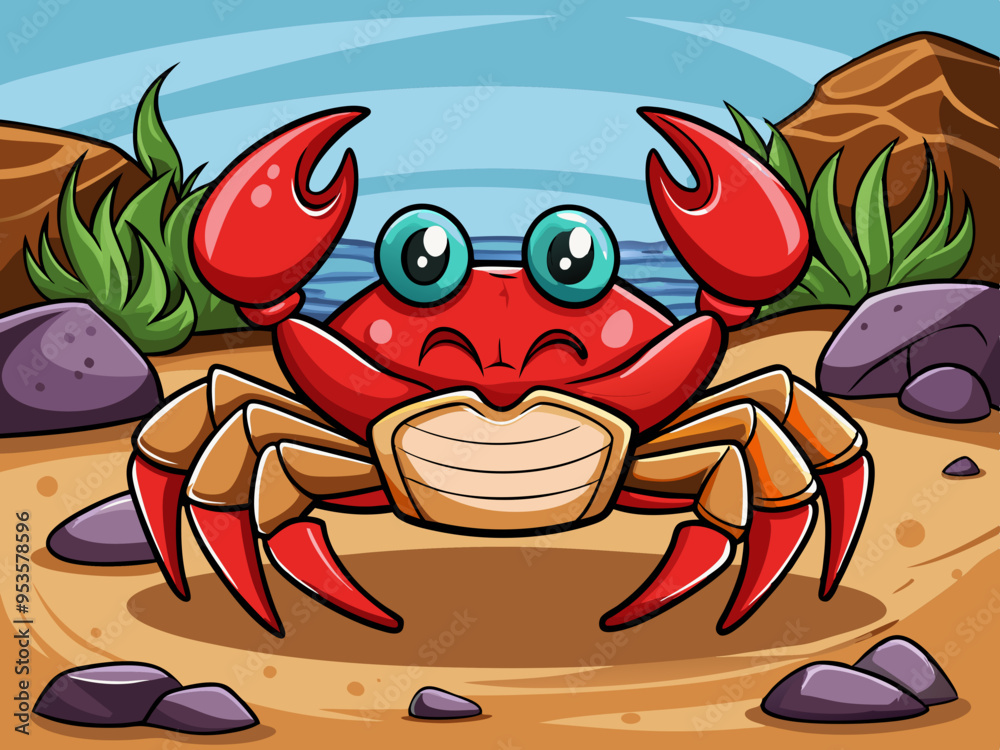 cartoon vector illustration of red crab, sand beach isolated background ...