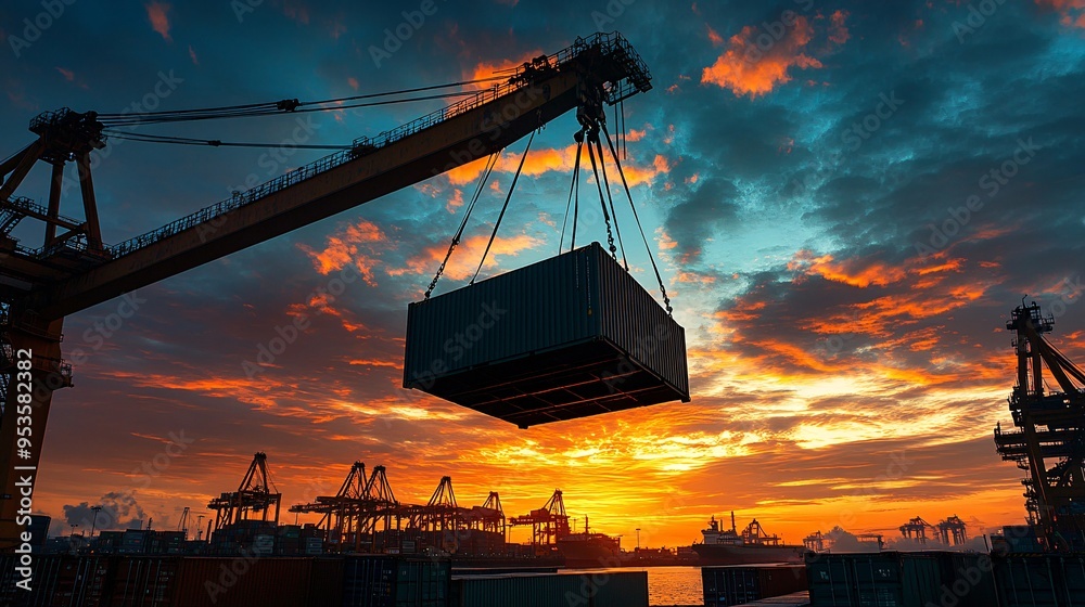 Silhouette of a towering crane lifting a cargo container dusk lighting ...