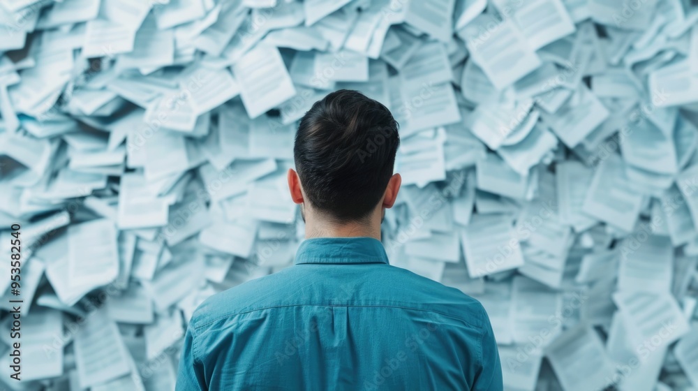Shredded blue paper documents creating an abstract and minimalist ...