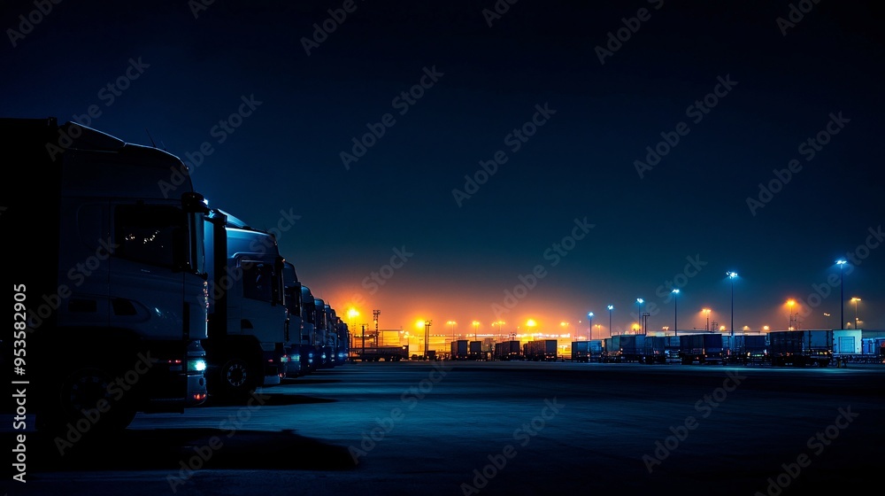 Silhouette of a logistics hub trucks lined up bright lights from the ...