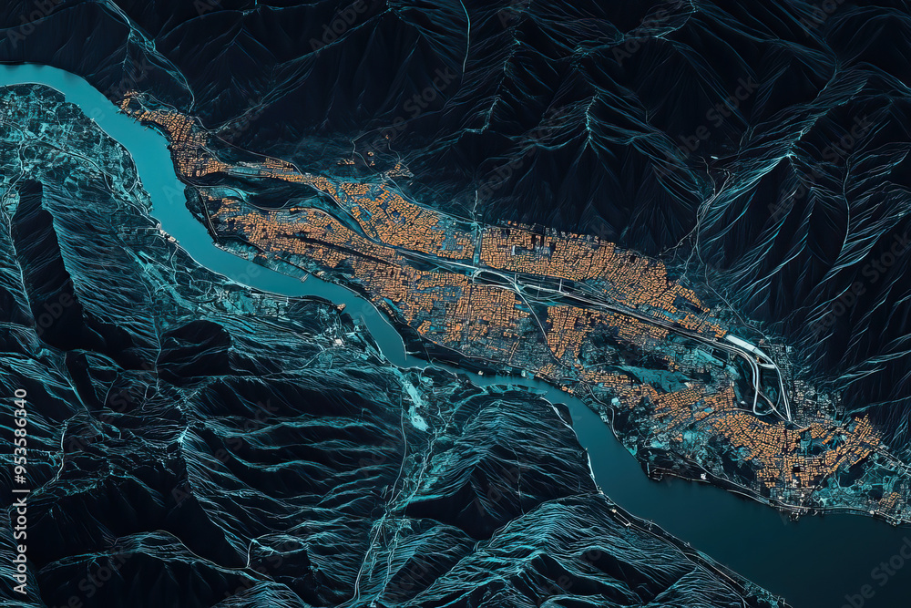 Technical aerial visual, 3D LiDAR GIS aerial map satellite scan model ...