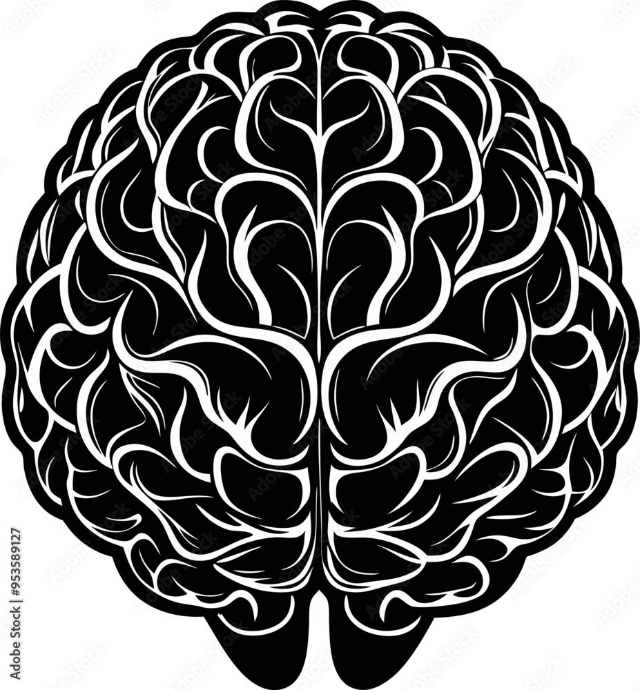 human brain silhouette vector, brain with cerebrum side black and white ...