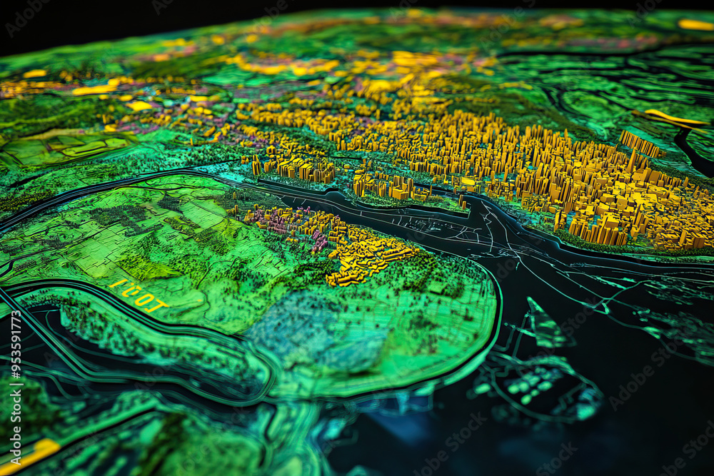 Technical aerial visual, 3D LiDAR GIS aerial map satellite scan model ...