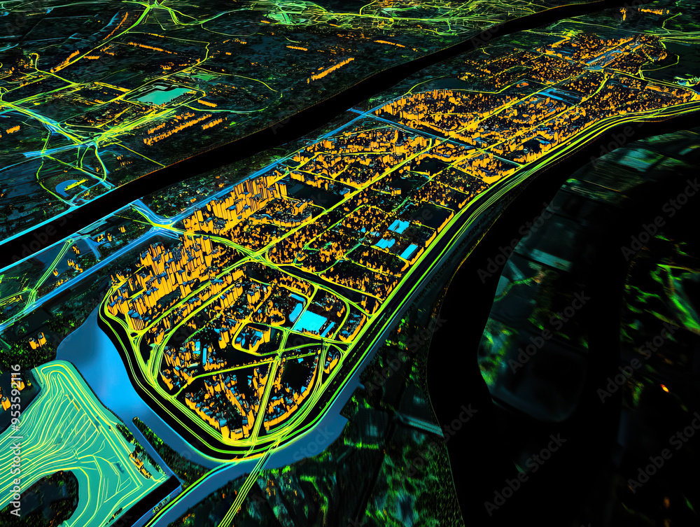 Technical aerial visual, 3D LiDAR GIS aerial map satellite scan model ...