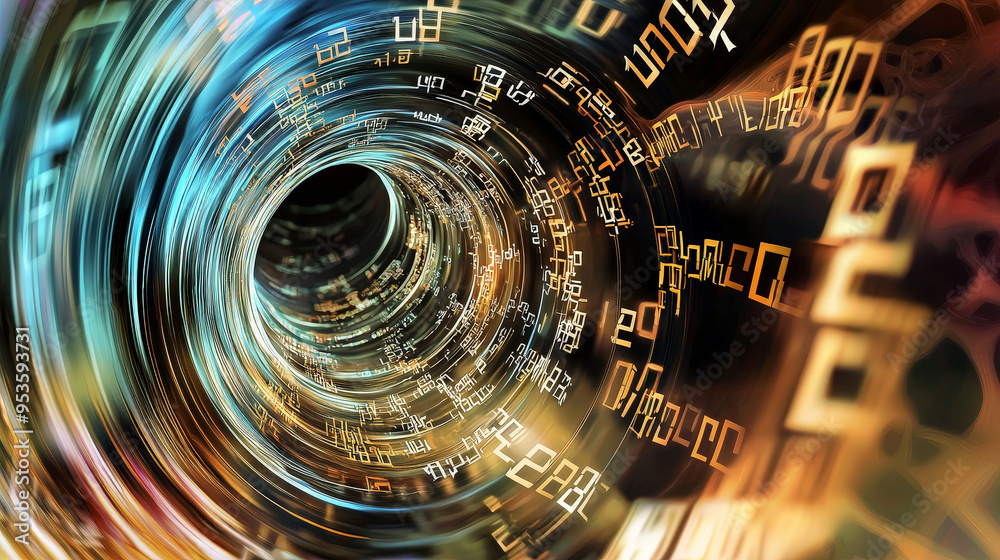 This digital art piece vividly illustrates random numbers spiraling ...